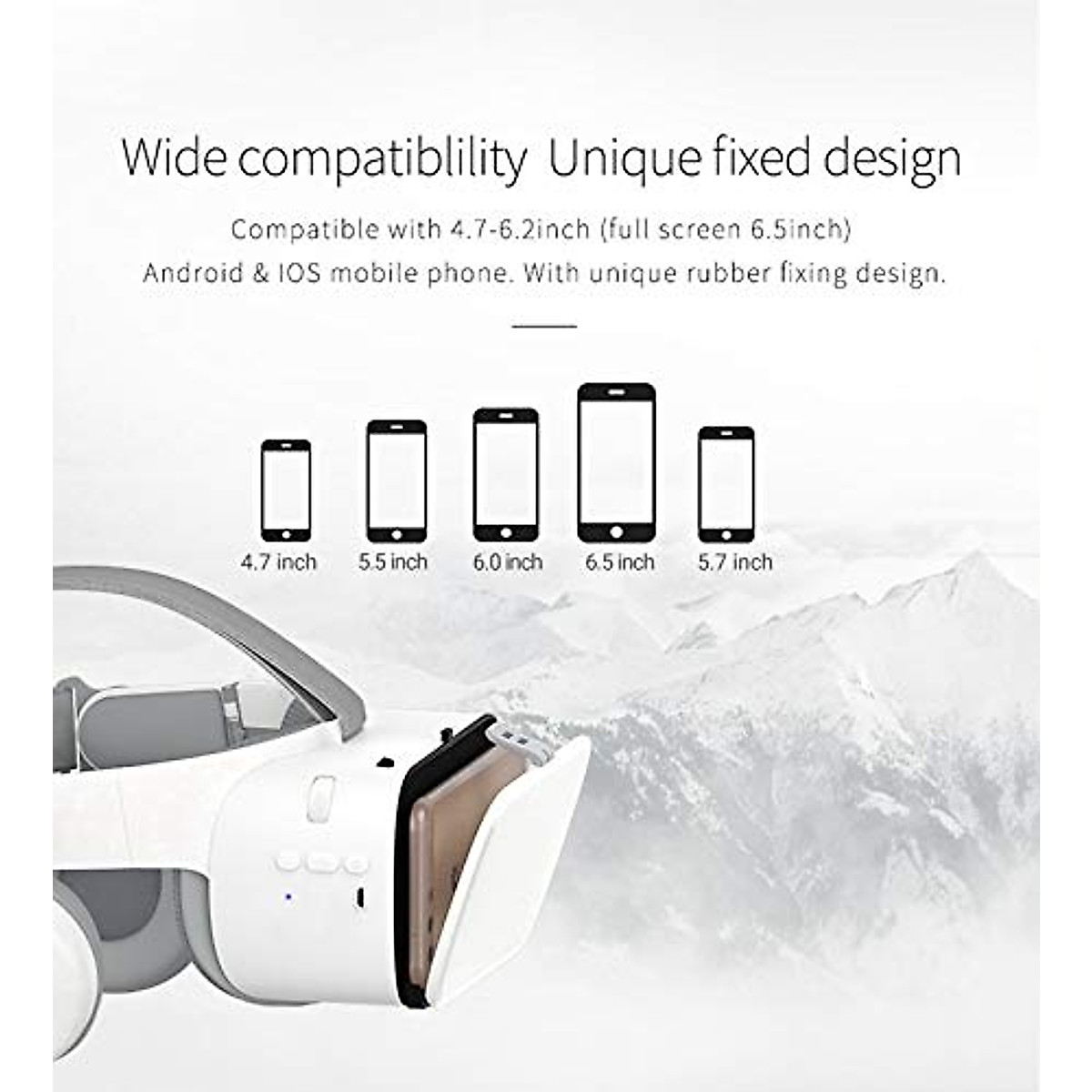 3D VR Virtual Reality Headset, VR Glasses Goggles w/ Bluetooth Headphone [Newest] for iPhone 12 11 Pro Max Mini X R S 8 7 Samsung Galaxy S10 S9 S8 S7 Edge Note/A 10 9 8 + etc 4.7-6.2" Cellphone, White