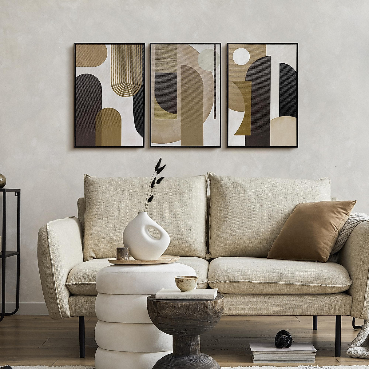 ArtbyHannah Framed Abstract Canvas Wall Art with black and Brown Geometric Prints, Boho Wall Art for Modern Living Room Bedroom, 16x24 Inch Set of 3