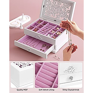 SONGMICS Jewelry Box, 2-Tier Jewelry Organizer with Flower Carvings, Drawer, Gift for Loved Ones, Kids, Jewelry Storage Case for Rings, Earrings, Necklaces, Bracelets, White UJOW201