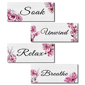 4 Pieces Bathroom Decor Relax Soak Unwind Breathe Wall Art Rustic Farmhouse Wooden Signs for Bathroom Home Spa Laundry Room (Pink)