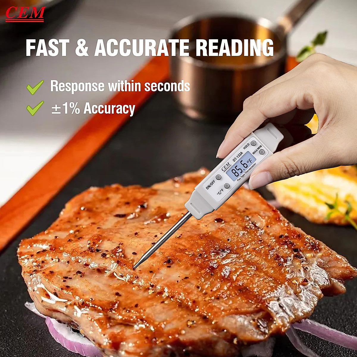 CEM Instant Read Digital Meat Thermometer for Food, Bread Baking, Water and Liquid. Waterproof and Long Probe with Meat Temp Guide for Cooking, Display with Backlit (White), DT-133A