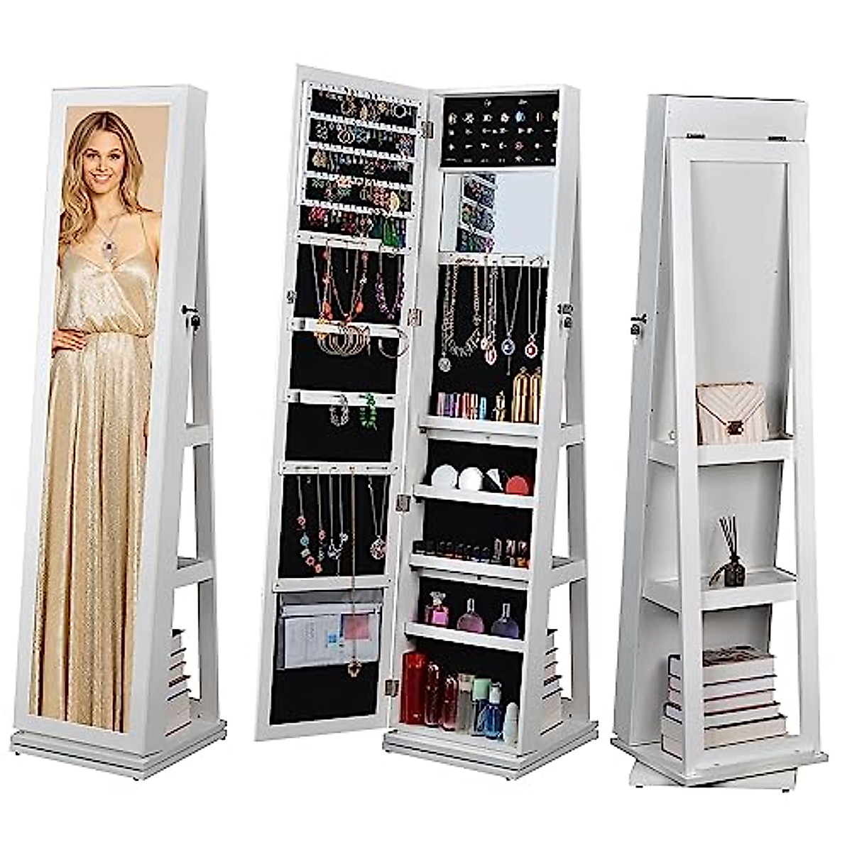 BOSTANA Jewelry Armoire 65" H,Full Length Mirror 360° Swivel, Storage Shelves, Lockable Standing Jewelry Cabinet Organizer with Large Storage Capacity,living room,bedroom (white)