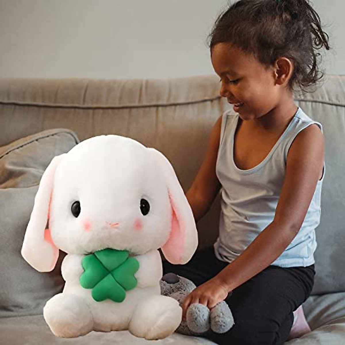 HOUPU Soft Toy - Sitting Lop Eared Rabbit, Easter White Rabbit Stuffed Bunny Animal with Carrot Soft Lovely Realistic Long-Eared Standing Pink Plush Toys (White-Four Leaf,8.6in/22cm)