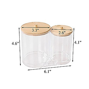 JIEQIJIAJU Cotton Swab Pads Holder, Acrylic Qtip Dispenser 2 Compartment Canisters with Bamboo Lids Cotton Round Holder Cotton Ball Buds Container Clear Apothecary Jars for Bathroom Storage Canister