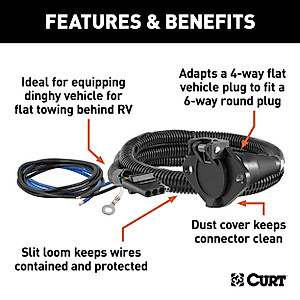 CURT 58981 4-Way Flat Vehicle-Side to 6-Way Round Wiring Adapter, Dinghy Towing