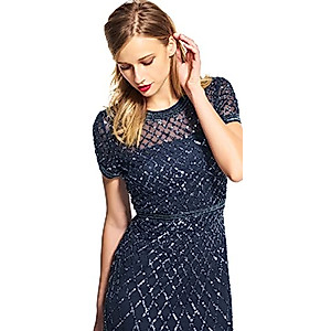 Adrianna Papell Women's Short-Sleeve Beaded Mesh Gown, Navy, 8
