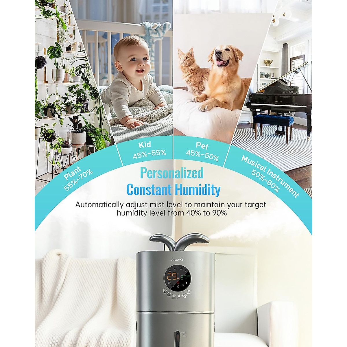 AILINKE Humidifier Large Room, 4.2Gal/16L Humidifiers for Home 2000 sq ft, Humidifiers for Bedroom with Essential Oil Diffuser&Extended Tube, Top Fill Cool Mist Humidifiers for Baby Kids Adults Plants