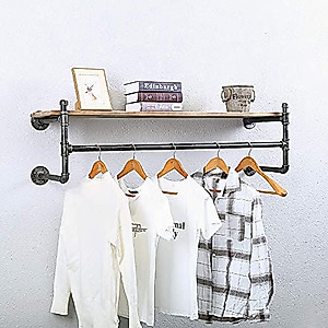 WJJ Industrial Pipe Clothing Rack Wall Mounted with Real Wood Shelf,Pipe Shelving Floating Shelves Wall Shelf,Rustic Retail Garment Rack Display Rack, 48in Steam Punk Commercial Clothes Racks