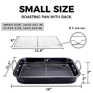 HONGBAKE Small Roasting Pan with Flat Rack, Nonstick Chicken Roaster Tray, Mini Oven Pans for Cooking Lasagna with Stainless Steel Handles, 14 X 11Inch