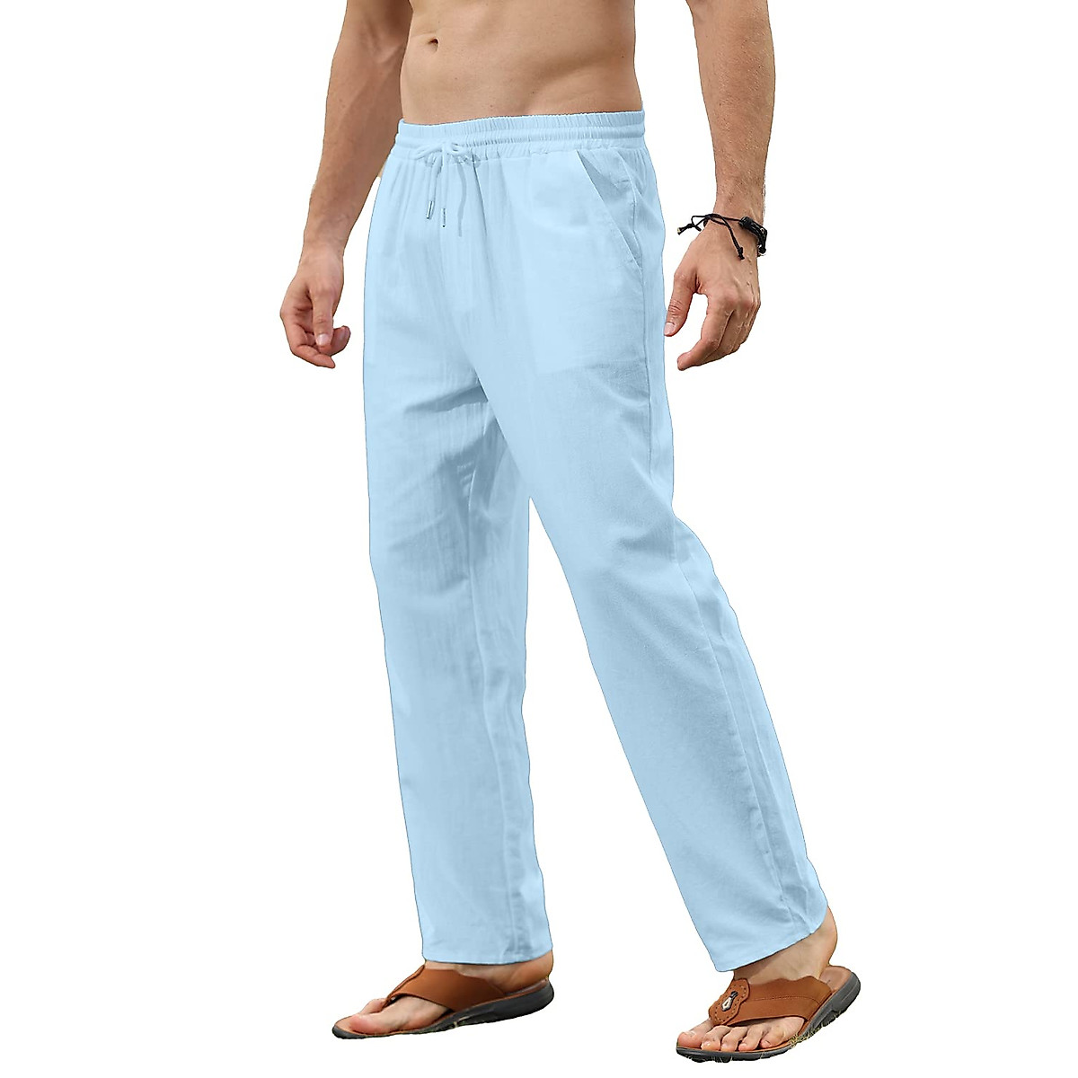 EndoraDore Men's Linen Cotton Pants Slim Fit Joggers Pants Athletic Workout Elastic Trousers Pants Beach Vacation Lightblue