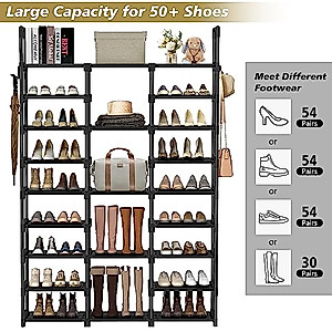 Kayfia 9 Tiers Shoe Rack Shoe Organizer Storage with Non-Woven Fabric Tall Shoe Shelf Shoe Stand Holds 50-55 Pairs Boots Sturdy Metal Shoe Rack Stackable Free Standing Shoe Racks for Entryway, Black