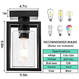 Mayful Flush Mount Ceiling Light Fixture, Black Metal Frame Ceiling Light Fixture with Clear Glass Shade, Farmhouse Light Fixture for Kitchen Island Entryway Porch Foyer Dining Room, E26 Ceramic Base