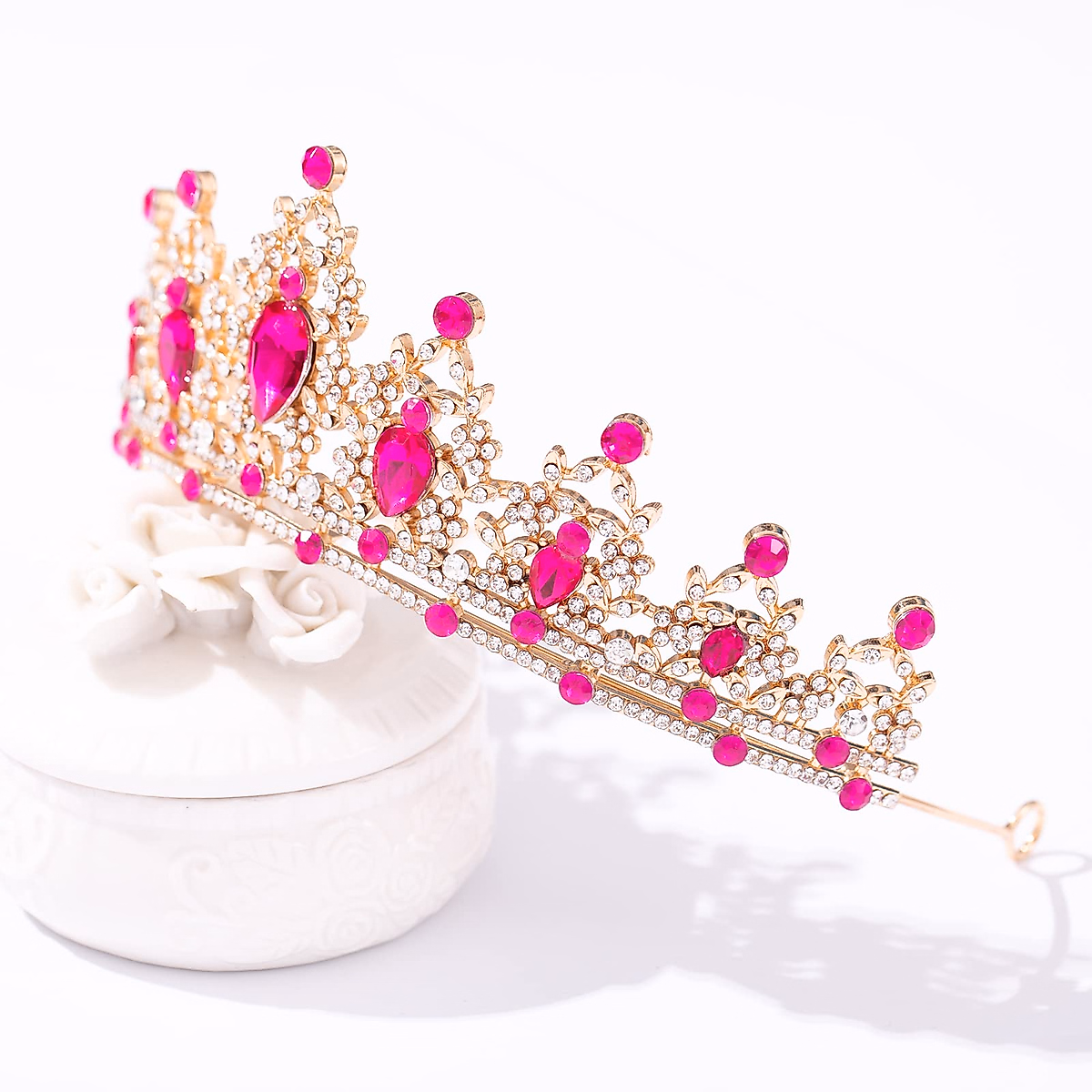 FORSEVEN Crystal Tiaras for Women, Wedding Tiaras and Crowns for Women Tiaras for Girls Birthday Party Princess Crown Hair Accessories Bride Rhinestone Headbands (Gold+Rose Red)