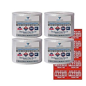Bubble cushioning wrap 700 ft² (4 Rolls of 175 ft x 12" Wide) - 3/16" Small Bubble - Perforated Every 12''- With 10 Fragile stickers by Fresh Farm LLC