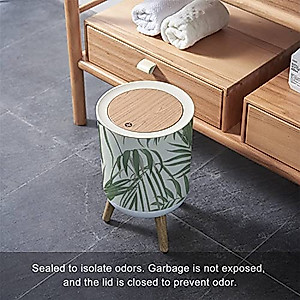 Trash Can with Lid Floral seamless green bamboo palm leaves on light brown pastel vintage theme Press Cover Small Garbage Bin Round with Wooden Legs Waste Basket for Bathroom Kitchen Bedroom 7L/1.8 Gallon
