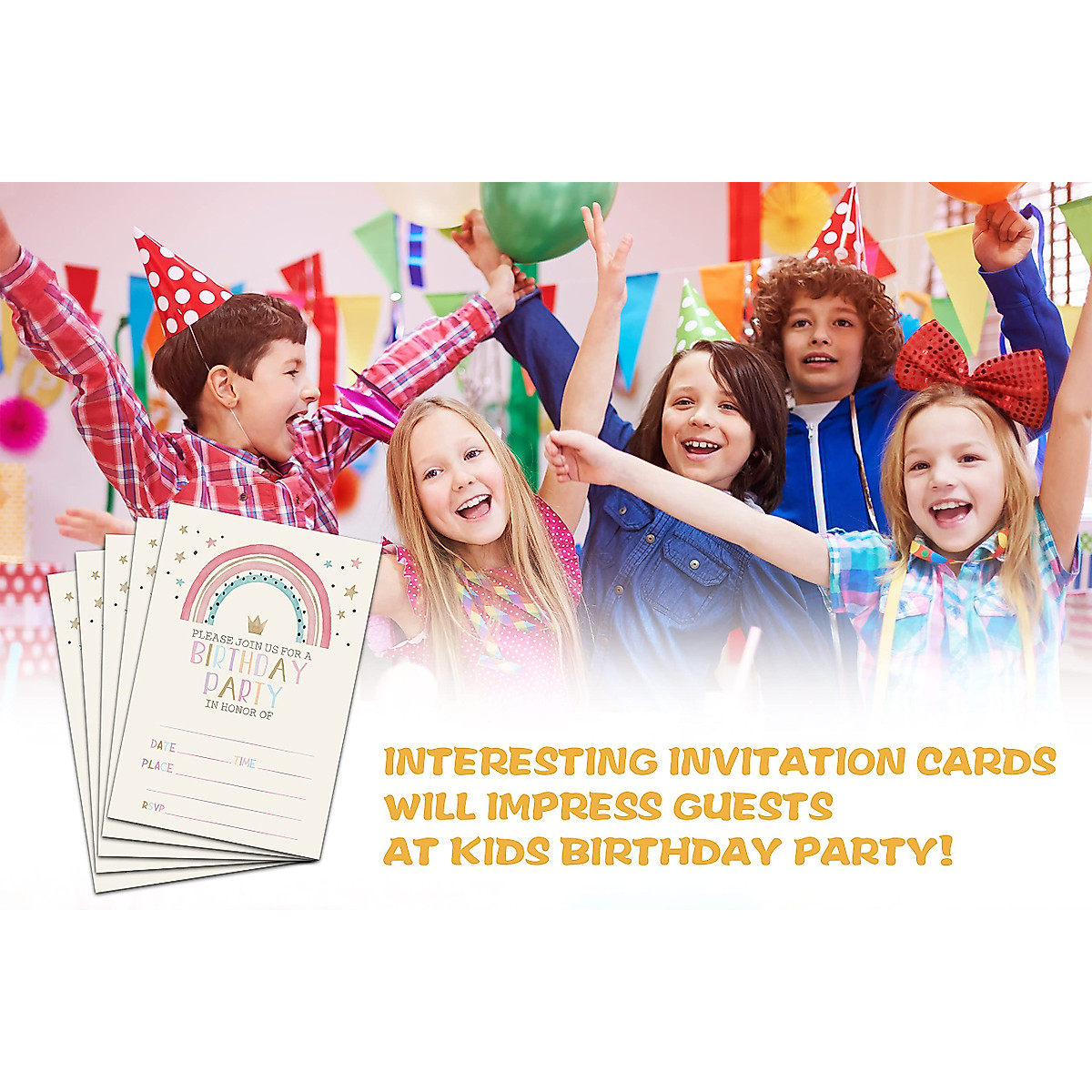 Disfuco Pink Rainbow Birthday Party Invitations - Boho Rainbow Party Supplies - Fill in The Blank Birthday Party Invites - 20 Invitation Cards With 20 Envelopes - (005A)