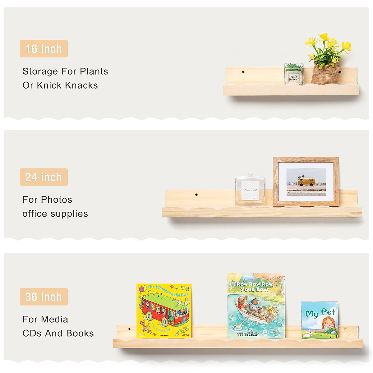 Fun Memories Picture Ledge Shelf for Wall, 24 inch Pine Wood Nursery Book Shelves Set of 2- Wall Book Shelves for Kids Room, Home Decor - Kitchen Spice-Natural