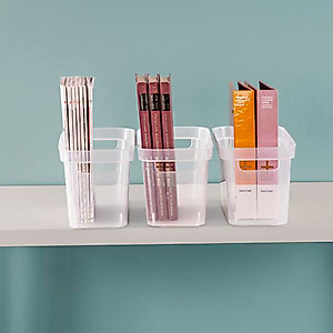 Sterilite 6.25 x 6.25 x 15 Inch Narrow Modern Storage Bin with Comfortable Carry Through Handles and Banded Rim for Household Organization, Clear