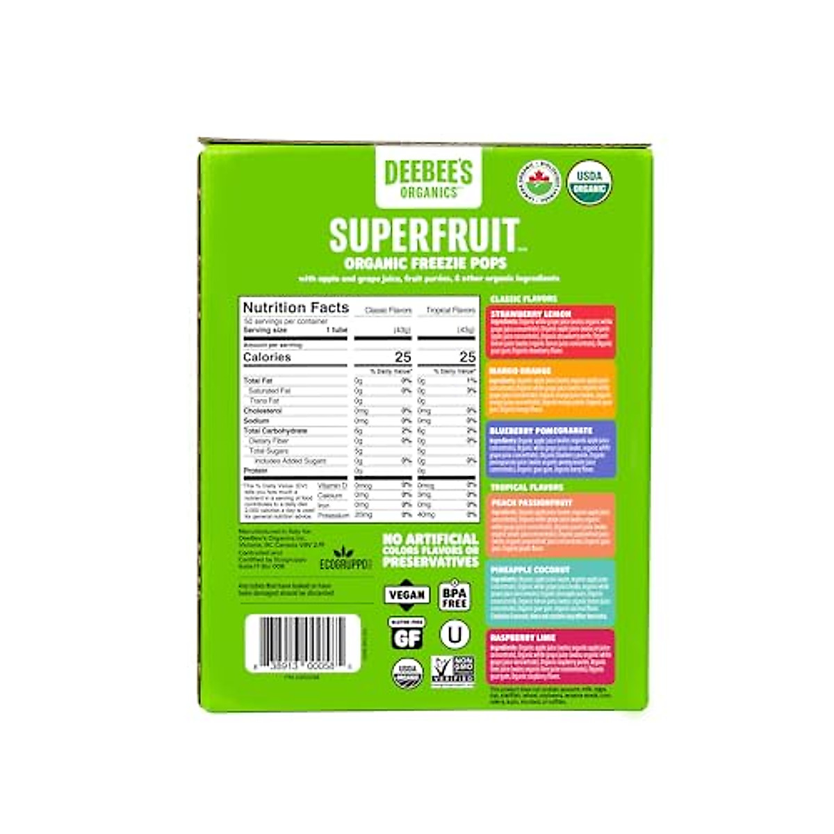 DeeBee's Organics SuperFruit Freezie Pops Variety Pack, No Added Sugars, No Artificial Flavors or Colors (Pack of 50)