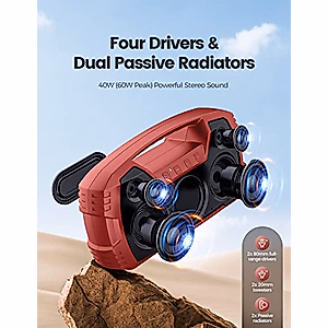 IPX7 Waterproof Bluetooth Speaker, 40W Portable Wireless Speaker, 32H Playtime, Stereo Loud Sound, Deep Bass, Outdoor Speaker with Handle, Bluetooth 5.0, Built-in Mic for Camping,Party,Pool,Beach-Red