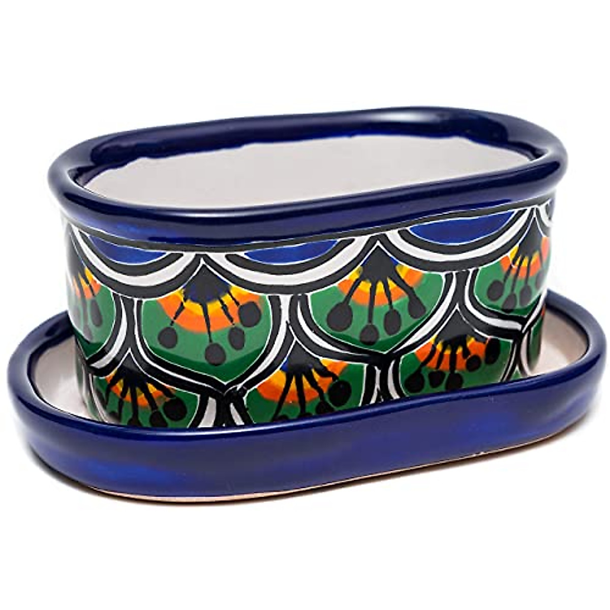 Enchanted Talavera Mexican Talavera Ceramic Succulent Pot Mini Flower Planter Cactus Bonsai Pot W/Drainage & Drip Dish Home Garden Office Desk Décor Gift Set (Peacock)