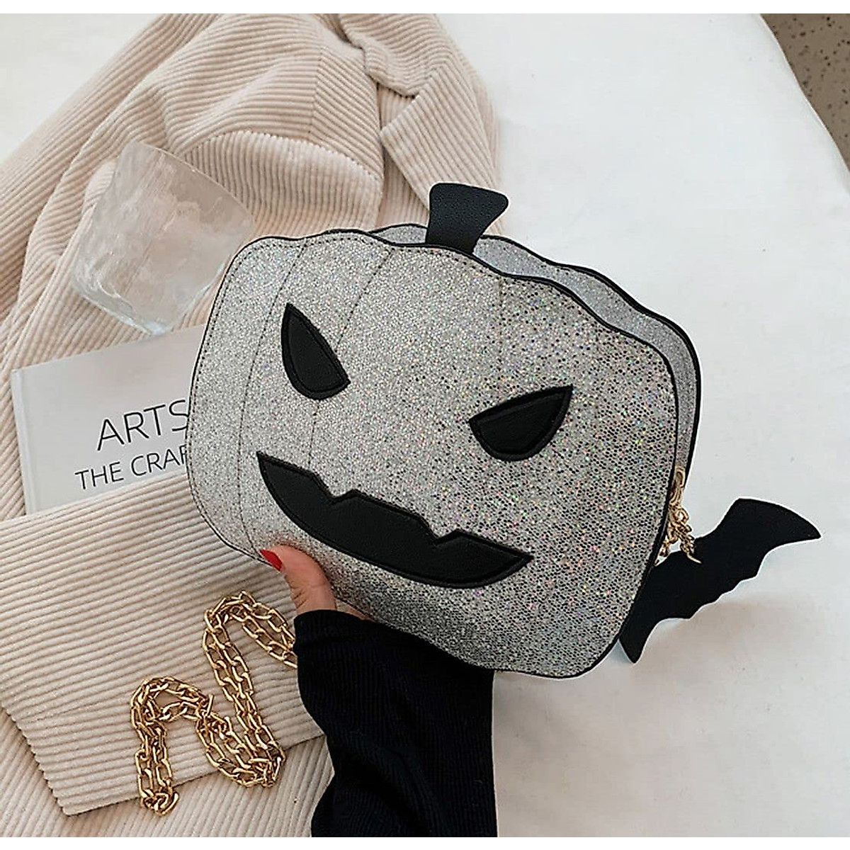 QZUnique Pumpkin Shoulder Bag, Halloween Crossbody Bags with Silver Sequin, Fashion Casual Bags with Bat Pendant for Women, Stylish Lightweight Purse