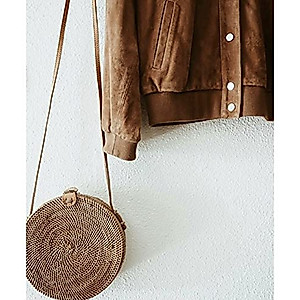 Daisy Lucky W Hand-woven round rattan bag PU leather shoulder strap Beach grass woven messenger women's bag Ladies Bohemian handbag Pure natural hand-made rattan woven wallet (Leather buckle)