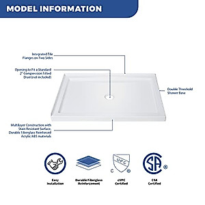 CKB 60 x 32 inch Center Drain Double Threshold Shower Base, Flat Surface Shower Pan, White,Left Side
