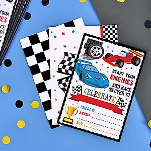 WERNNSAI 20 Count Racing Car Party Invitation with Envelopes - Race Car Party Supplies for Boys Birthday Baby Shower Graduation Fill-in Style Racing Invite Cards