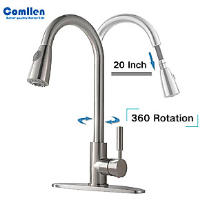 Comllen Single Handle Brushed Nickel Kitchen Faucet, High Arc Stainless Steel Kitchen Sink Faucet with Pull Down Sprayer, Modern Pull Out Faucet for Kitchen Sink with Deck Plate