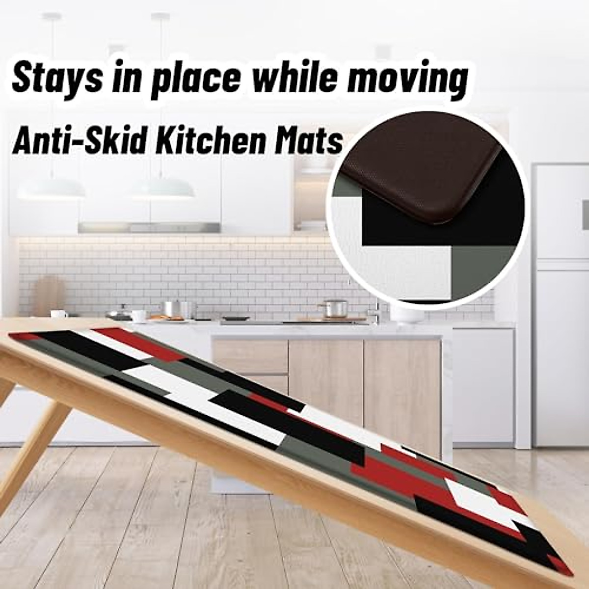 chiinvent Red Black Kitchen Rugs Mats Set of 2 Cushioned Anti Fatigue Kitchen Floor Mat White and Grey Geometric PVC Non-Slip Waterproof Comfort Standing Mats for Kitchen Office, 17"x 47"+17"x 28"