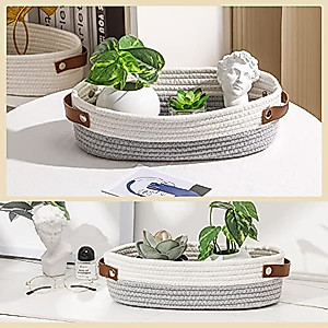 Lewondr Woven Storage Basket with Leather Handles, Small Cotton Rope Basket for Toilet Tank Top, Farmhouse Decor Basket for Bathroom Bedroom Laundry Countertop Storage Paper Towel Toy, White + Gray
