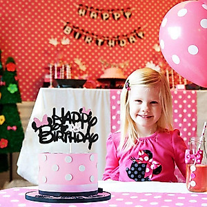 Black Glitter Minnie Inspired Happy Birthday Cake Topper with Pink Bows and White Gloves Girls Birthday Party Decorations Supplies