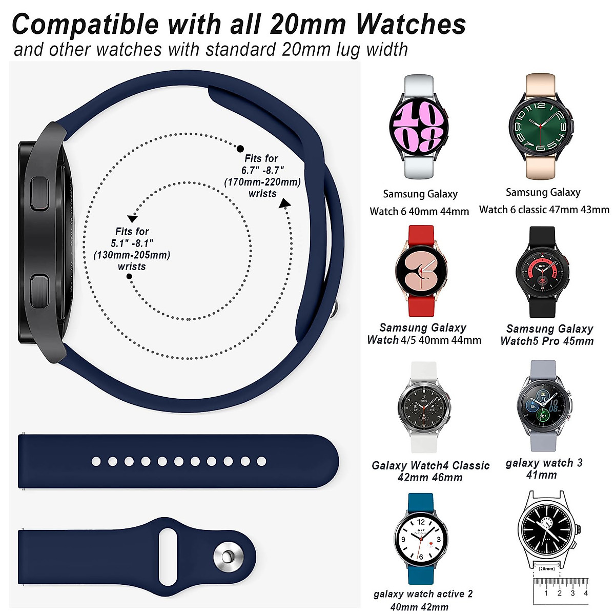 Sport Band for Samsung Galaxy Watch 7/6/5/4/FE Band 40mm 44mm/Galaxy Watch 6 Classic 47mm 43mm/4 Classic 46mm 42mm/Active 2/Watch 5 pro 45mm/3 41mm Women/Men,20mm Silicone Strap Correa Wristbands 4PCS