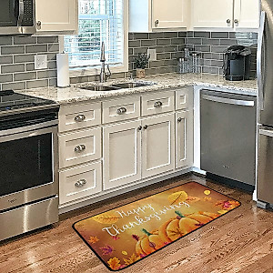 Kitchen Rug Happy Thanksgiving Background with Stylized Autumn Leaves and Pumpkin Door Mat Bath Rug Home Decor Floor Mat Non-Slip Carpet for Kitchen Living Bedroom 39 x 20 Inch