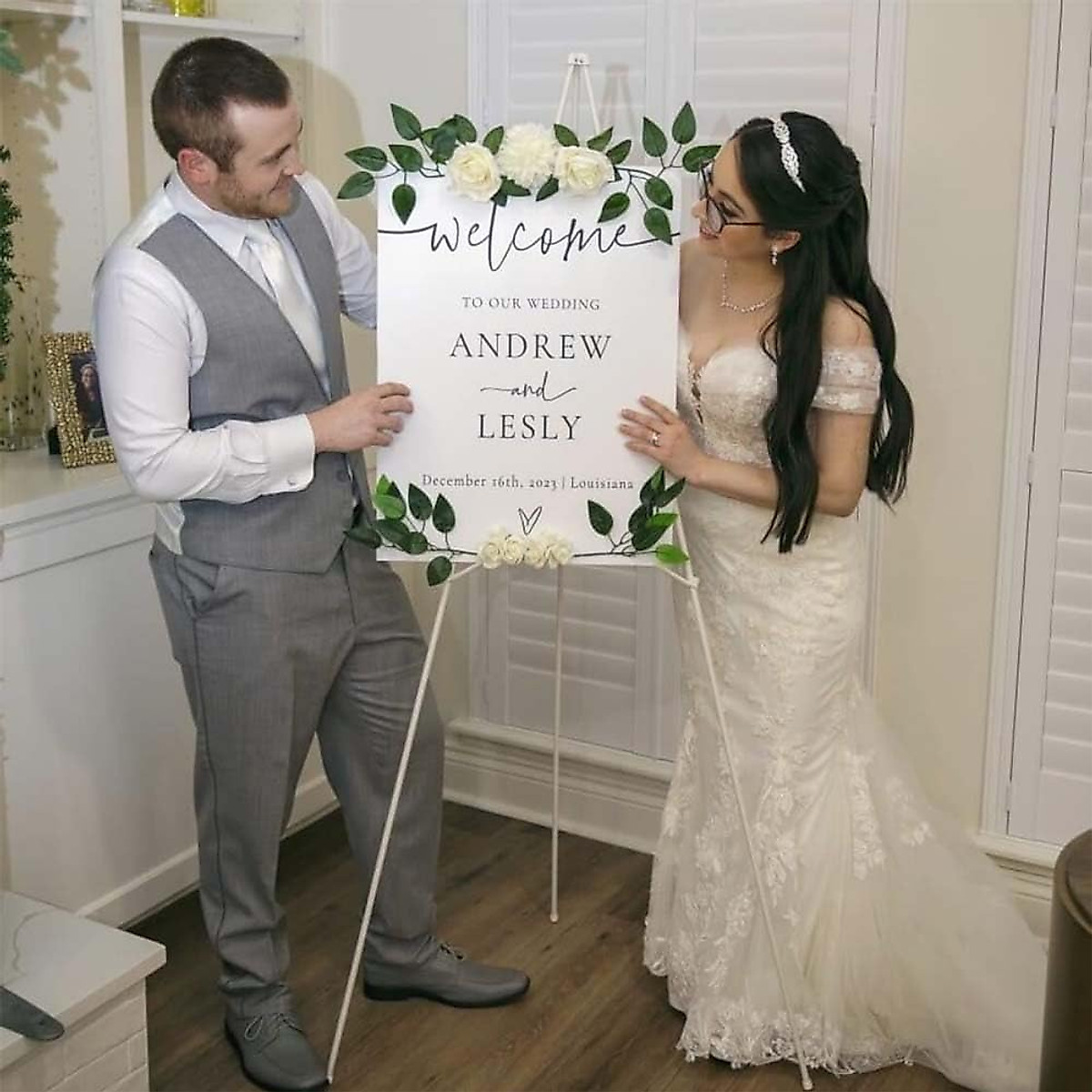 White Easel Stand for Display Wedding Sign & Poster - 63 Inches Tall Easels for Display Holder - Collapsable Portable Poster Easel - Floor Adjustable Metal Painting Easel Tripod
