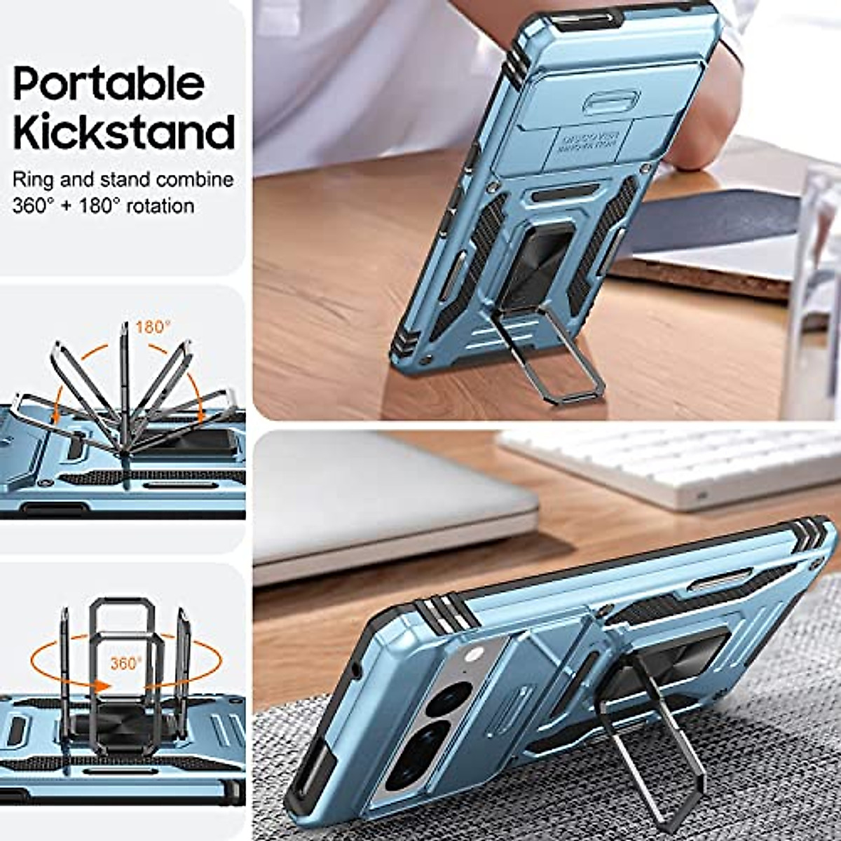 KOVASIA for Pixel 7 Pro Case, Shockproof Bumper Case for Pixel 7 Pro, with Ring Holder Kickstand for Google Pixel 7 Pro Case, Heavy Duty Protection with Sliding Camera Cover for Pixel 7 Pro, Sky Blue