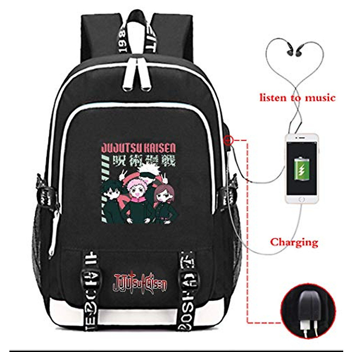 TIMMOR MAGIC Anime Jujutsu Backpack with USB Charging Port, School Bookbags for Women Men. (Black1) One Size