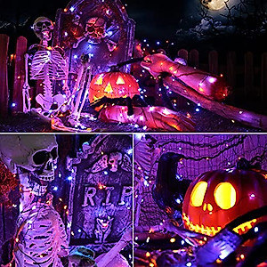 Brizled Orange & Purple Halloween Lights, 39.37ft 120 LED Orange Lights, Purple Solar Halloween Lights 8 Modes, Outdoor Twinkle Orange Halloween String Lights for Halloween Party DIY Decor, Black Wire