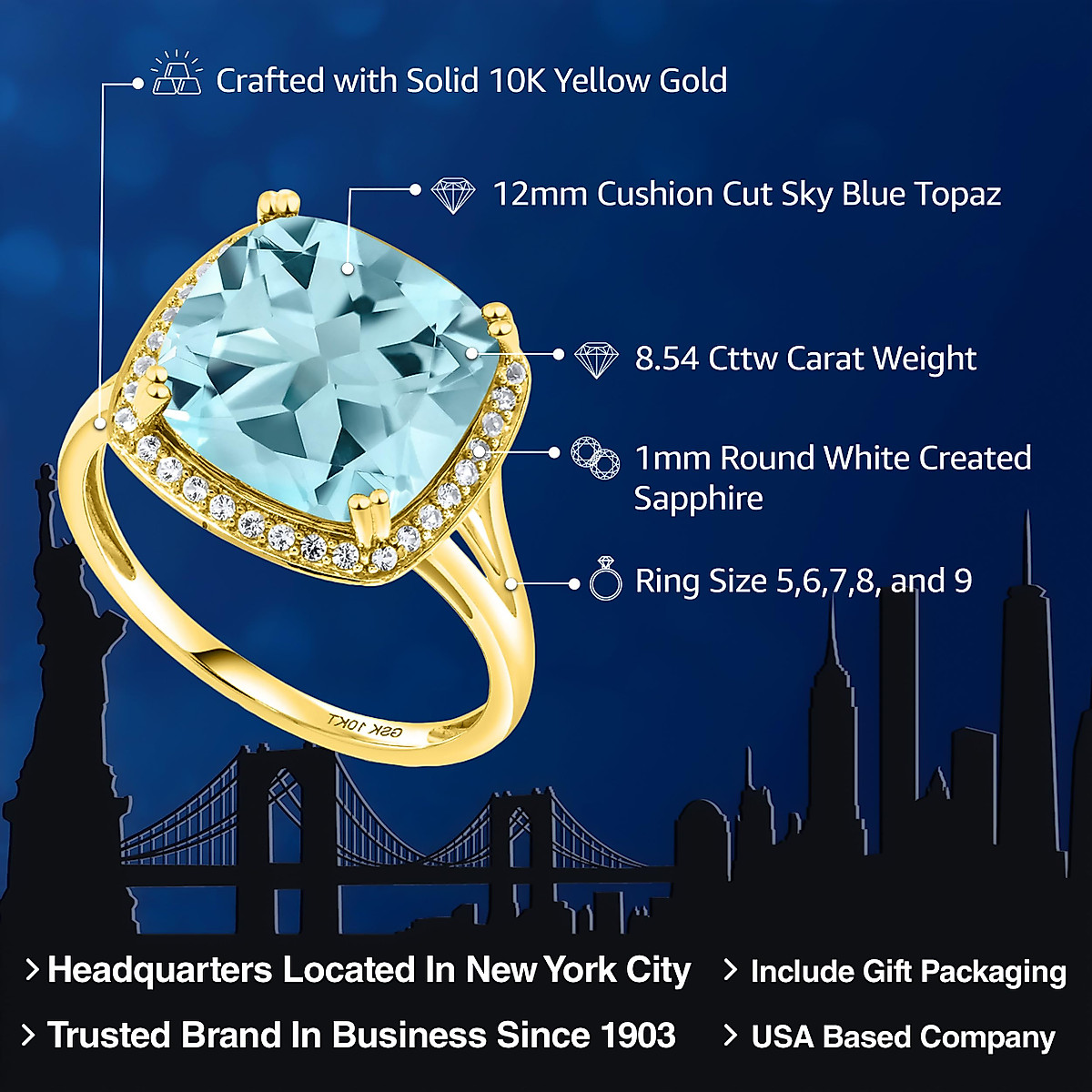 Gem Stone King 10K Yellow Gold Sky Blue Topaz and White Created Sapphire Ring For Women (8.54 Cttw, Cushion 12MM, Gemstone Birthstone, Available In Size 5, 6, 7, 8, 9)