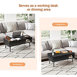 Sweetcrispy Coffee Table, Lift Top Coffee Tables for Living Room,Rising Tabletop Wood Dining Center Tables with Storage Shelf and Hidden Compartment, Black