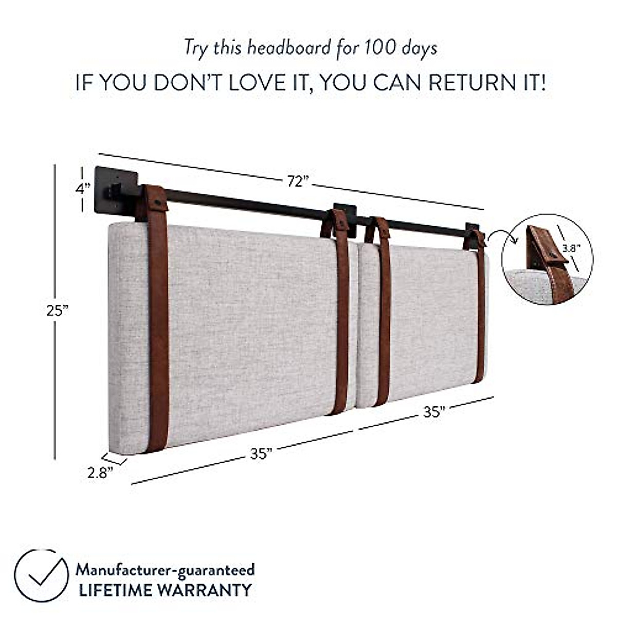 Nathan James Harlow Modern Wall Mount Hanging Upholstered Headboard, King, Gray with Brown Faux Leather Straps