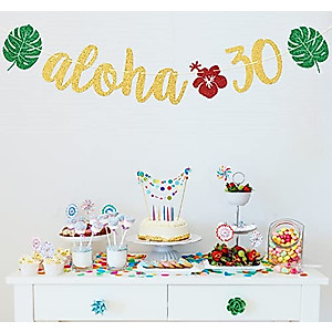 Aloha 30 Banner, Aloha Party Decorations, Hawaiian 30th Birthday Banner for Tropical Luau Birthday Party Decorations, Palm Leaf Decorations Gold Green Glitter