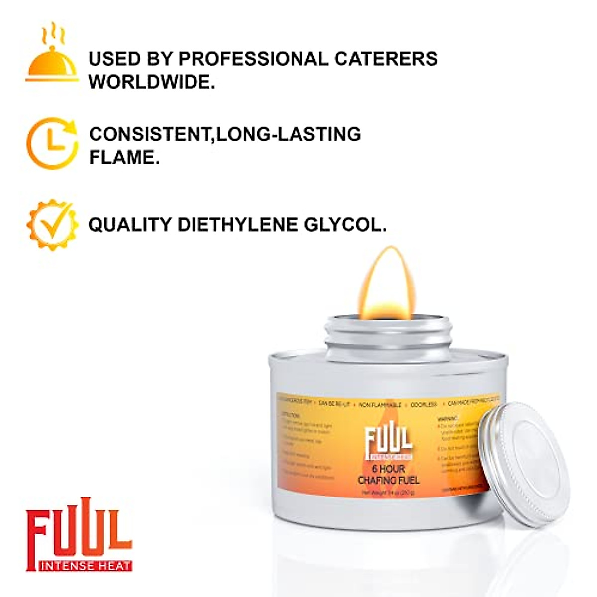 FUUL – Chafing Fuel Dish Burner Cans - 12 Pack - Chafing Dish Fuel Cans Burners To Keep Food Warm with 6-Hours Burning Capacity - Cooking Fuel For Chafing Dishes - 1 Opener Included for Opening Seal