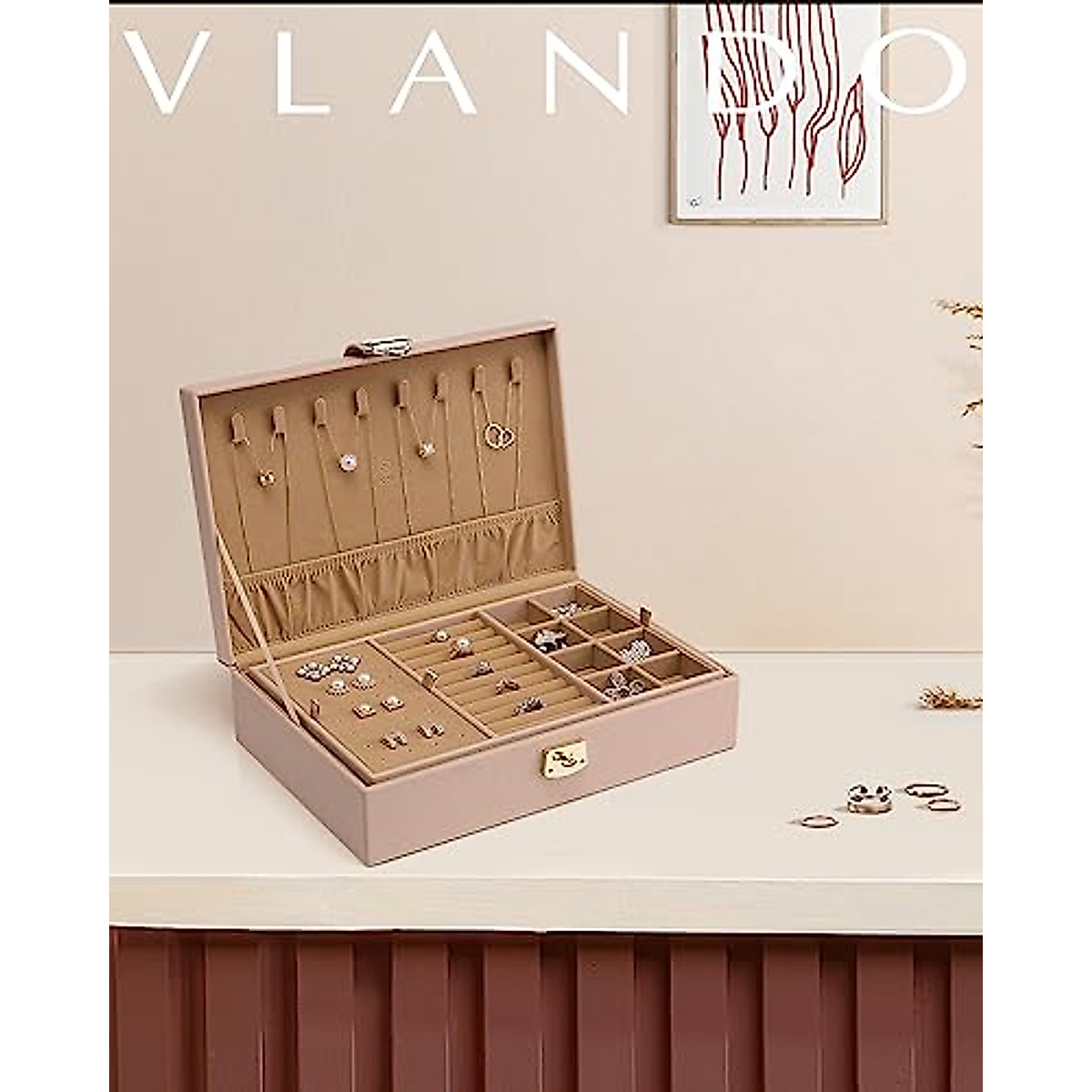 Vlando Jewelry Box for Women Girls 2 Layer Large Jewelry Organizer Storage Case PU Leather Jewellery Stackable Tray for Necklace Earrings Rings Bracelets Home Decor Gifts Beige