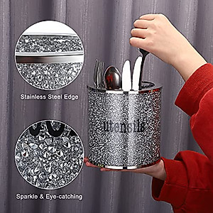 JUXYES Sparky Glass Crushed Diamond Utensils Holder for Party, Luxurious Silverware Holder Organizer Decorative Utensil Storage Crock Shiny Cutlery Holder Silverware Organizer for Kitchen Dining Table