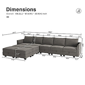 HONBAY Reversible Modular Sofa Couch with Chaise L Shaped Sectional Sofa Oversized Velvet Modular Sofa Sleeper with Storage Seats, Grey
