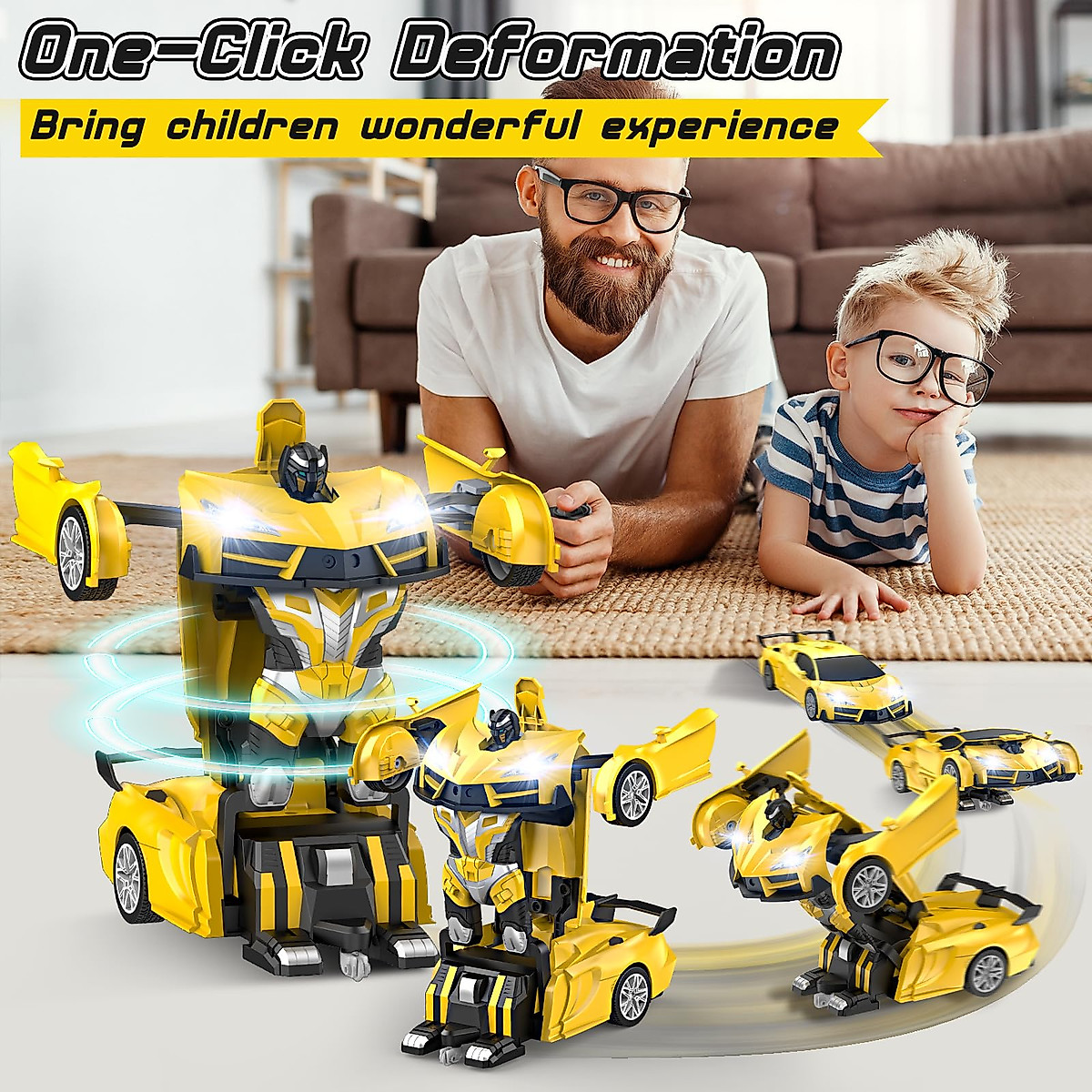 Qumcou Remote Control Car, Transform Robot RC Cars with Cool Headlights, 2.4Ghz kids Toys Car with 360 Degree Rotation and One-Button Deformation, Christmas Birthday Gifts for Boys Girls