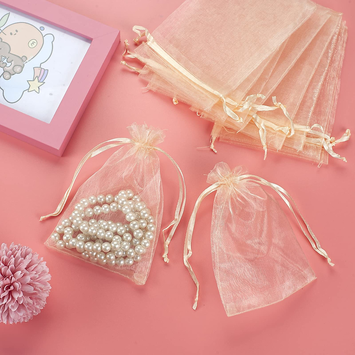 MAZYPO 100 Pieces Premium Sheer Organza Bags with Drawstring, 4x6 inch Wedding Party Favor Bags Mesh Gift Bags, Jewelry Pouches for Party, Baby Shower, Christmas, Candy Favor Bags (Peach)