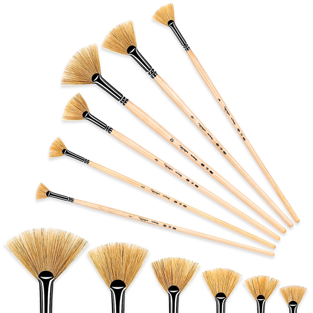 Artist Fan Paint Brush Set of 6, Hog Bristle Natural Hair Anti-Shedding Brush Tips, Long Wooden Handle for Comfortable Holding, Great for Acrylic Watercolor Oil Painting